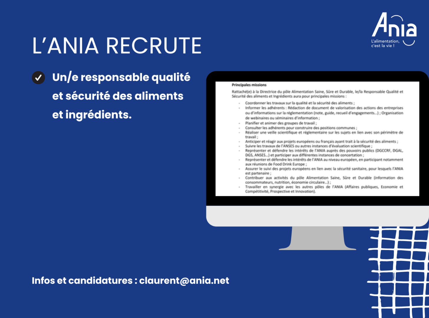 L'Ania recrute 1 responsable qualité et sécurité des aliments et ...