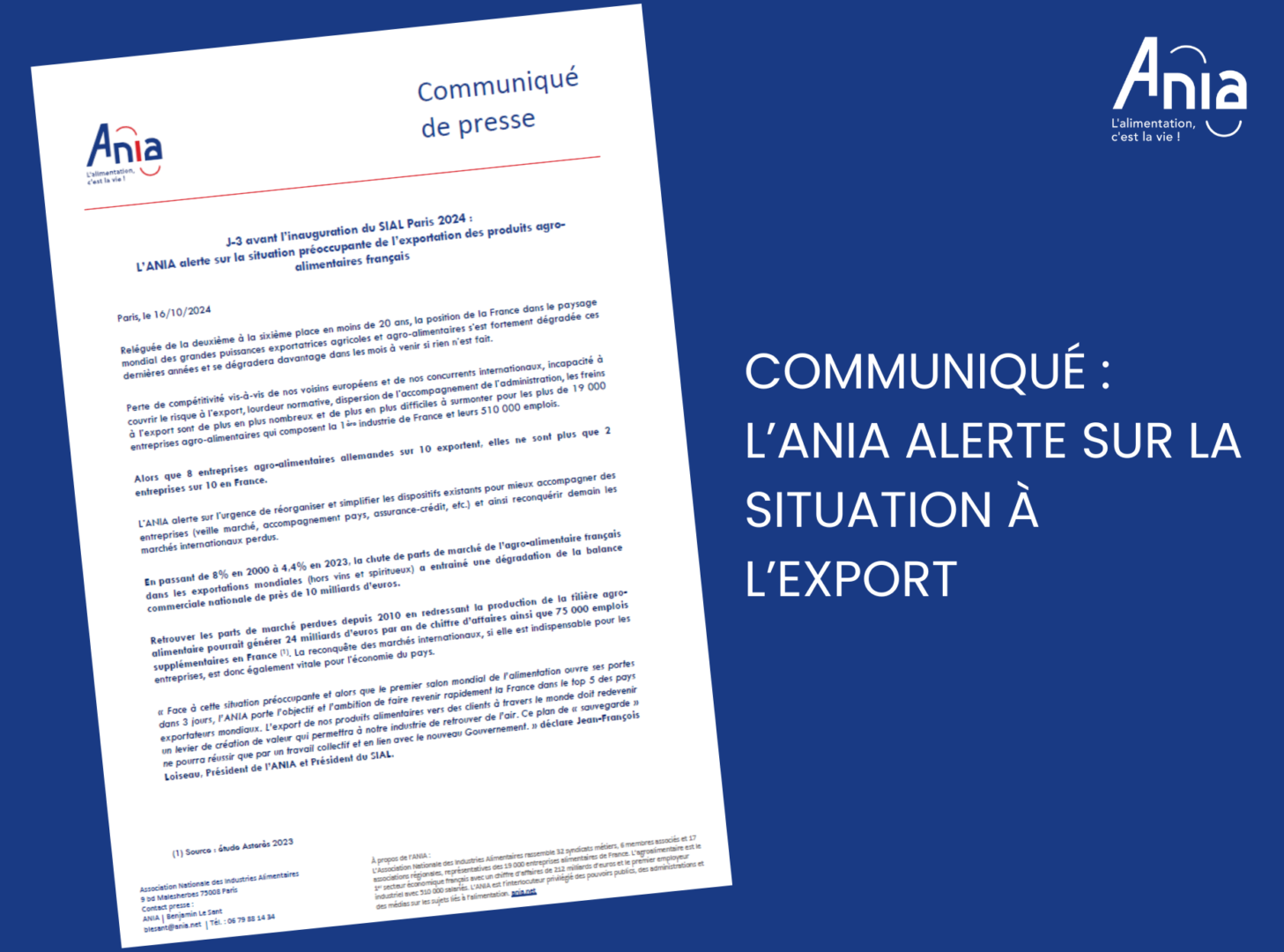 SIAL Paris J-3 : L’ANIA alerte sur la situation préoccupante de l ...